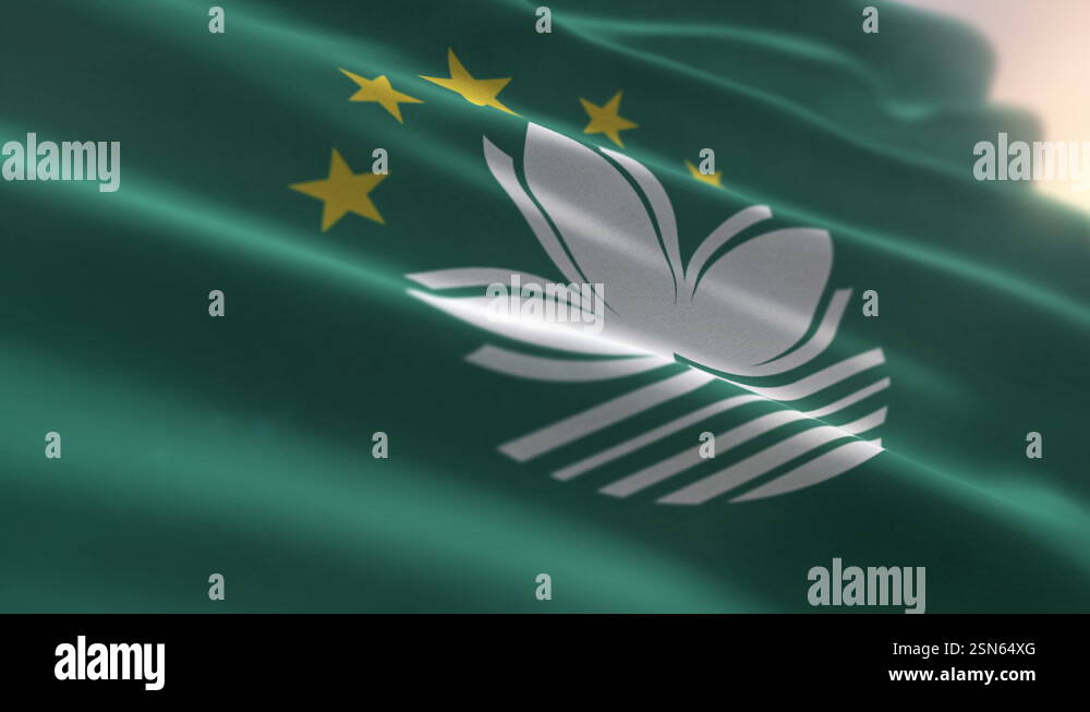 Waving the flag of Macau with stars above a Lotus flower floating on ...