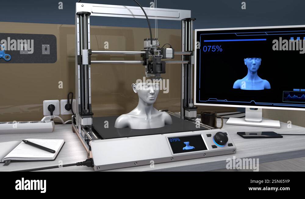 working process of a 3D printer creating a human head. Time lapse. 3d ...