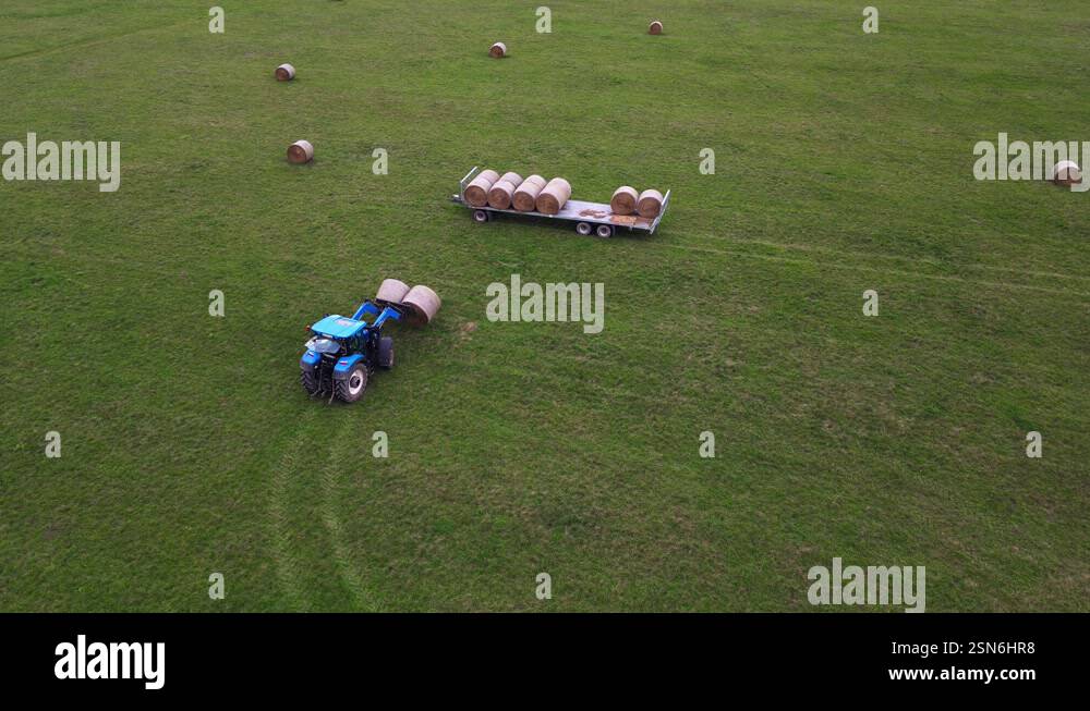 A blue tractor is seen loading large round hay bales onto a trailer in ...