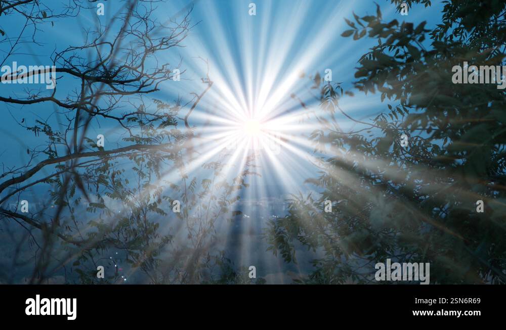Bright glow in night sky. Spherical object shines, bright rays of light ...