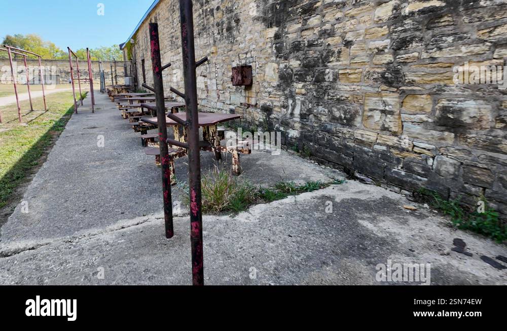 Iron picnic tables in the Prison Yard at Old Joliet Prison in Joliet ...