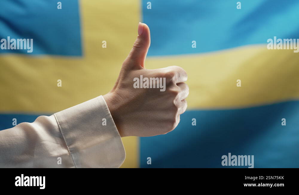 Woman Makes Hand Sign Like, Thumb Up Gesture on swedish flag background ...