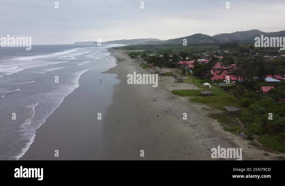 Aerial pass over beach in Ayampe, Ecuador. Coastal beaches, jungle ...