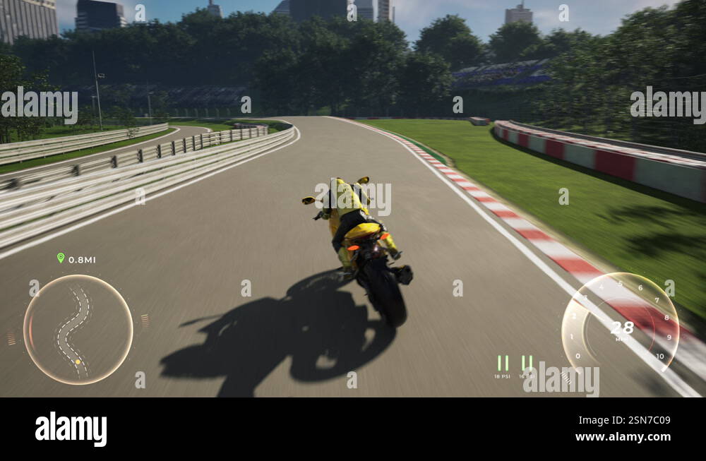 Controlling a fast yellow sports motorcycle in a fake racing computer ...