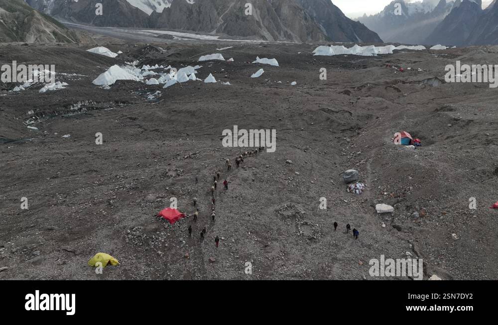 Hikers and donkeys leaving Goro 2 Campsite on the K2 Base Camp Trek in ...
