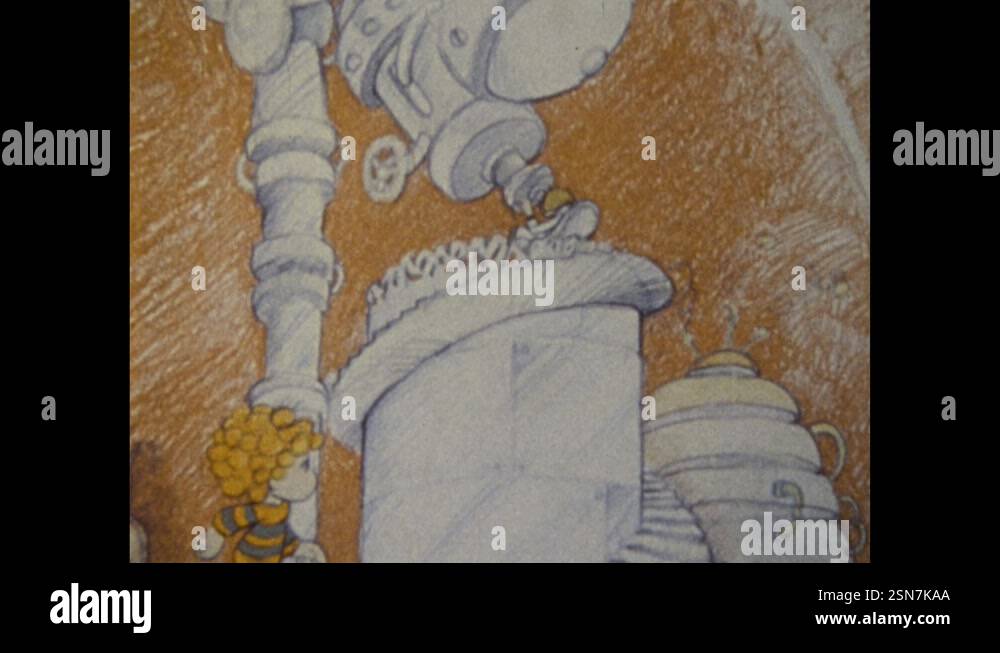 1970s: Animation: Young boy thinks about clouds. Young boy walks up ...