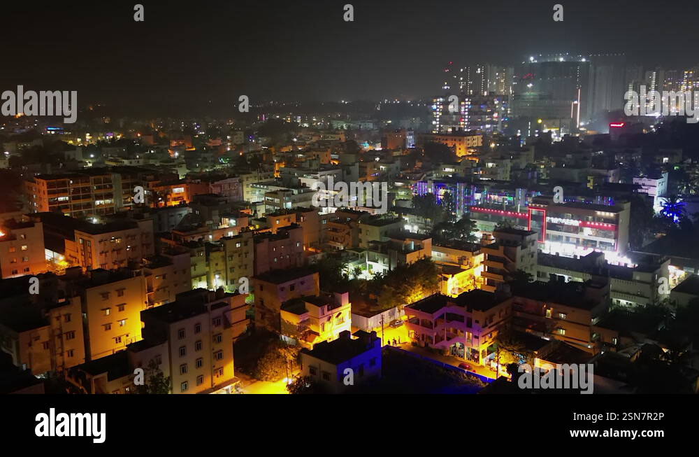 Low night city hyperlapse flyover, party lighting in Los Angeles, CA ...
