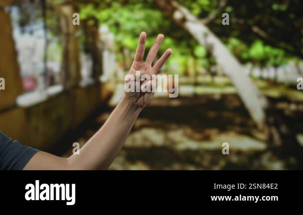 Man's hand making gestures in an outdoor park with blurred green trees ...