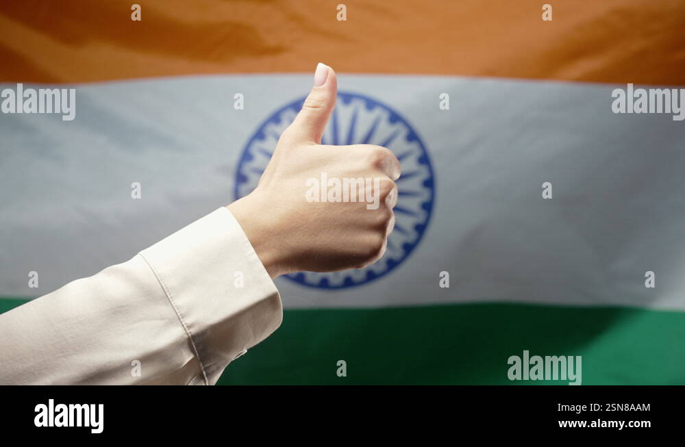 Woman Makes Hand Sign Like, Thumb Up Gesture on indian flag. India ...