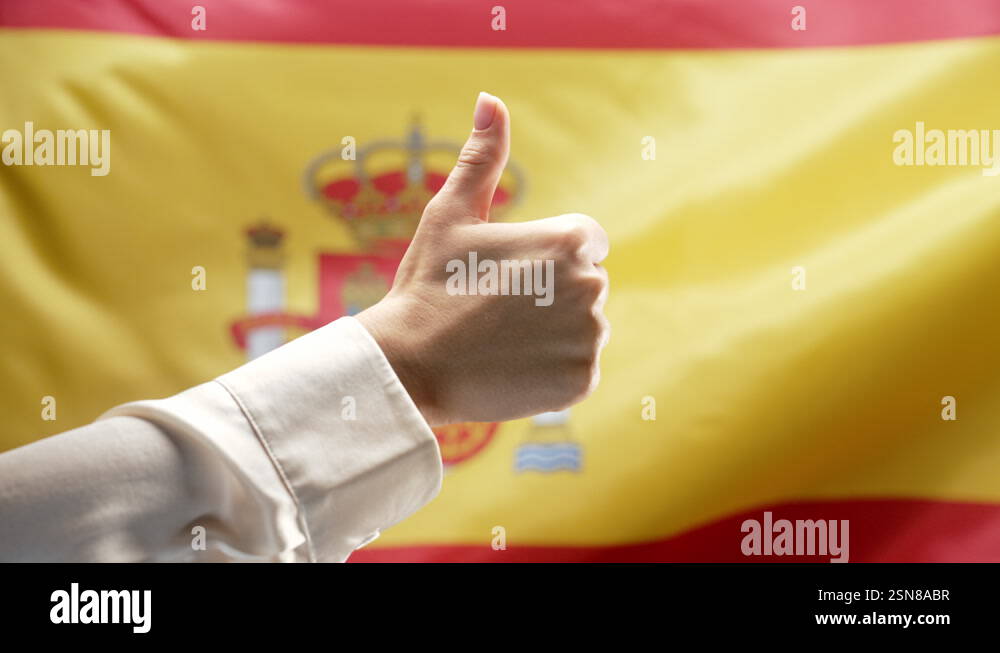 Woman Makes Hand Sign Like, Thumb Up Gesture on spanish flag. Spain ...