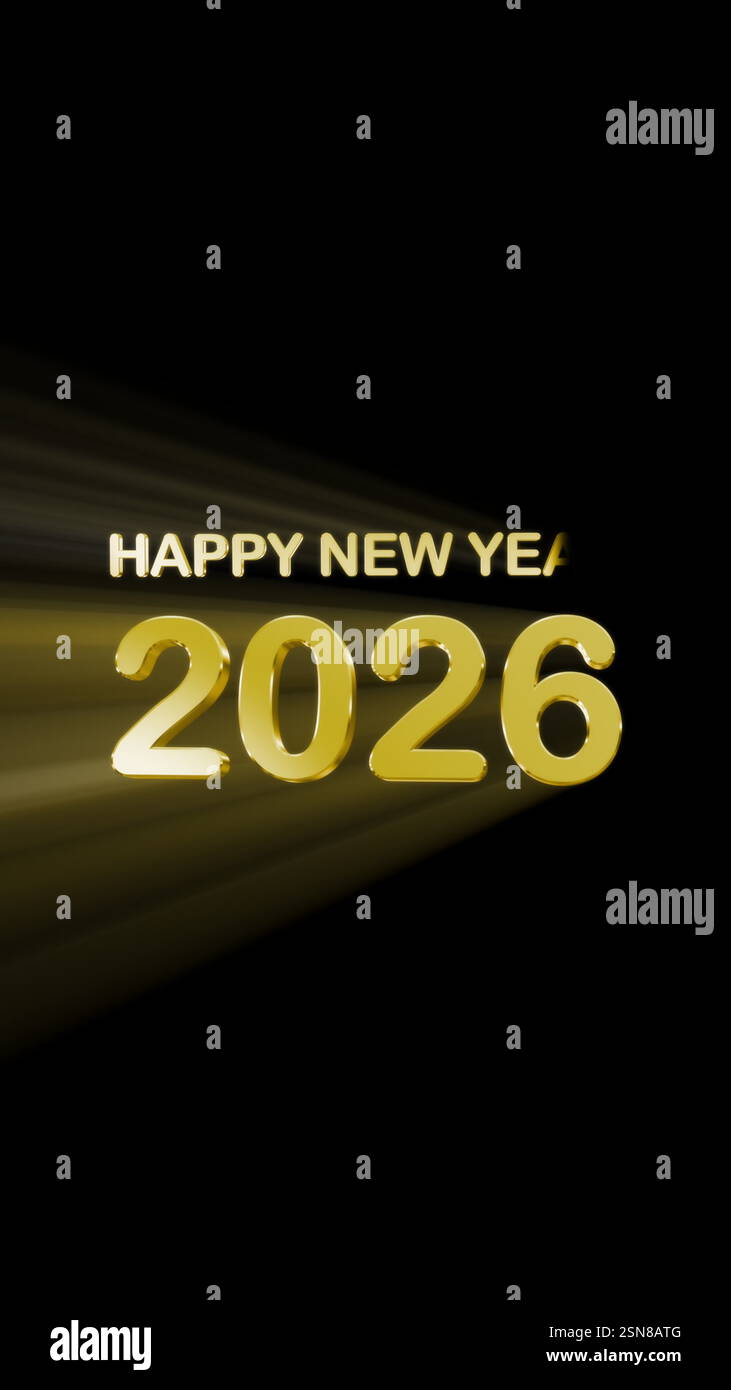3d golden text happy new year 2026, light rays and confetti vertical ...