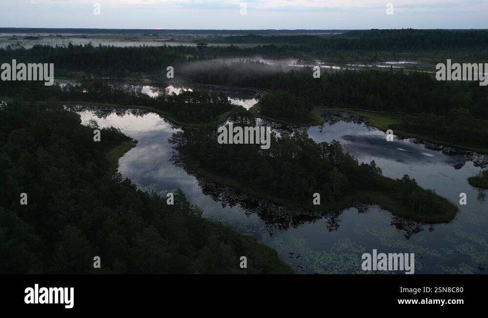 Dark moody dusk flyover of northern bog lake as fog starts to roll in ...