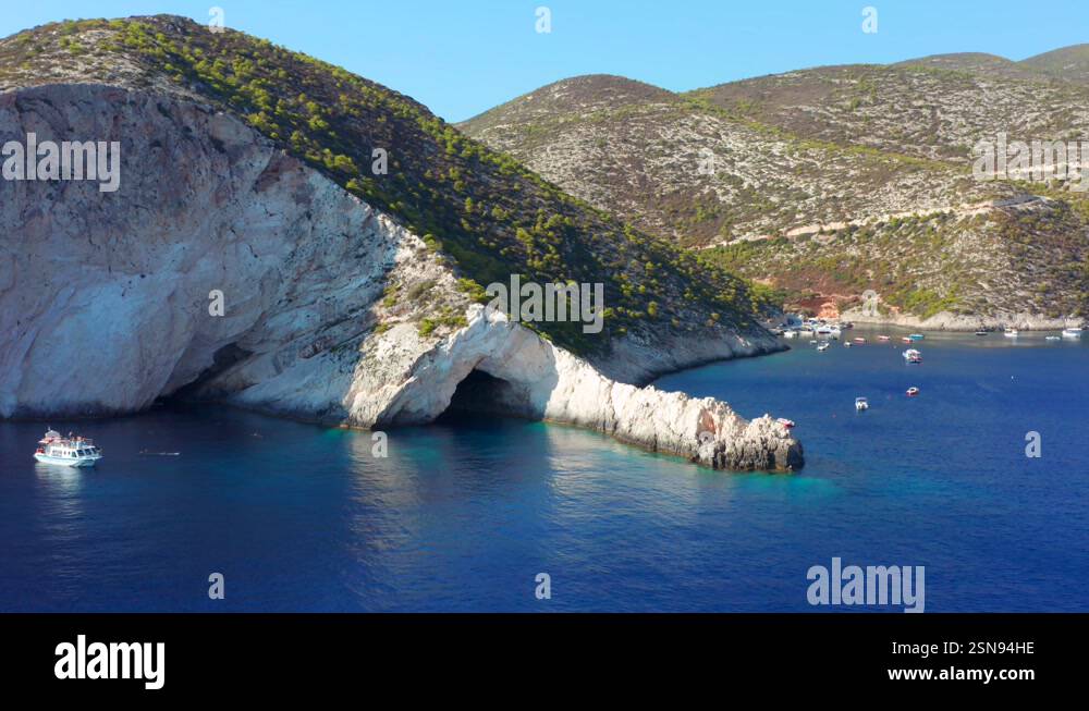 Zakynthos Greek island typical coastline with white limestone cliffs in ...