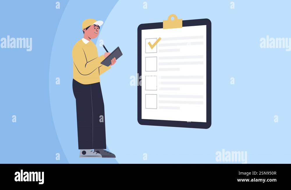 2d cartoon animation of a character ticksing items on a check list ...