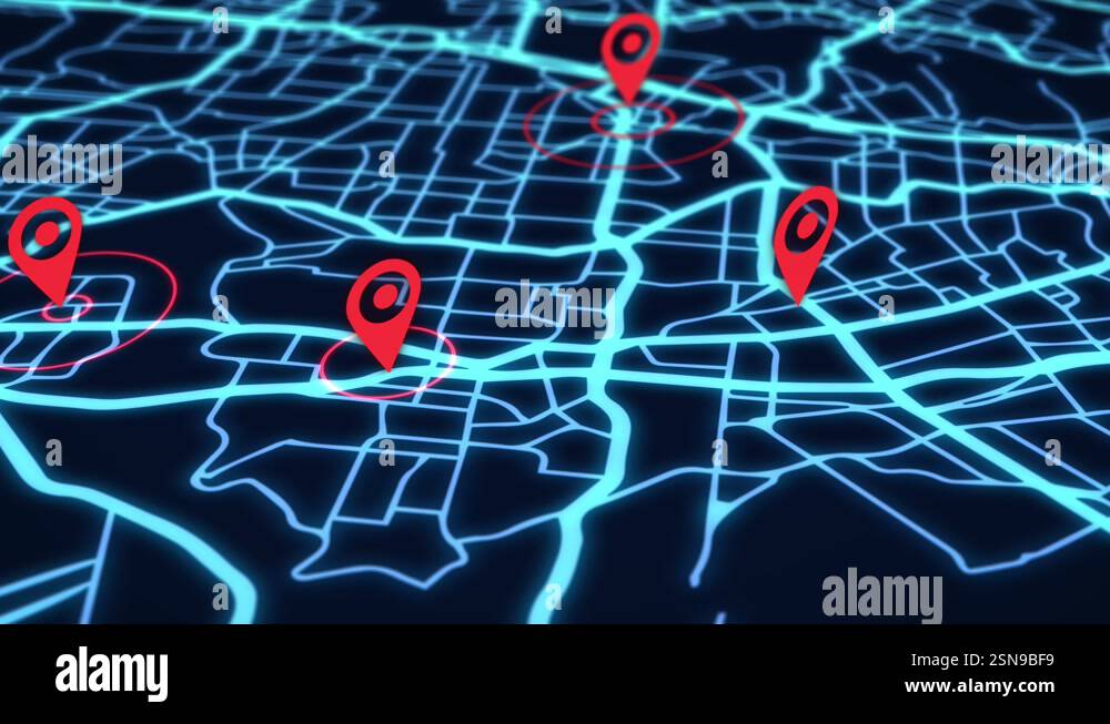 Red geolocation markers appear in different parts of the city map ...