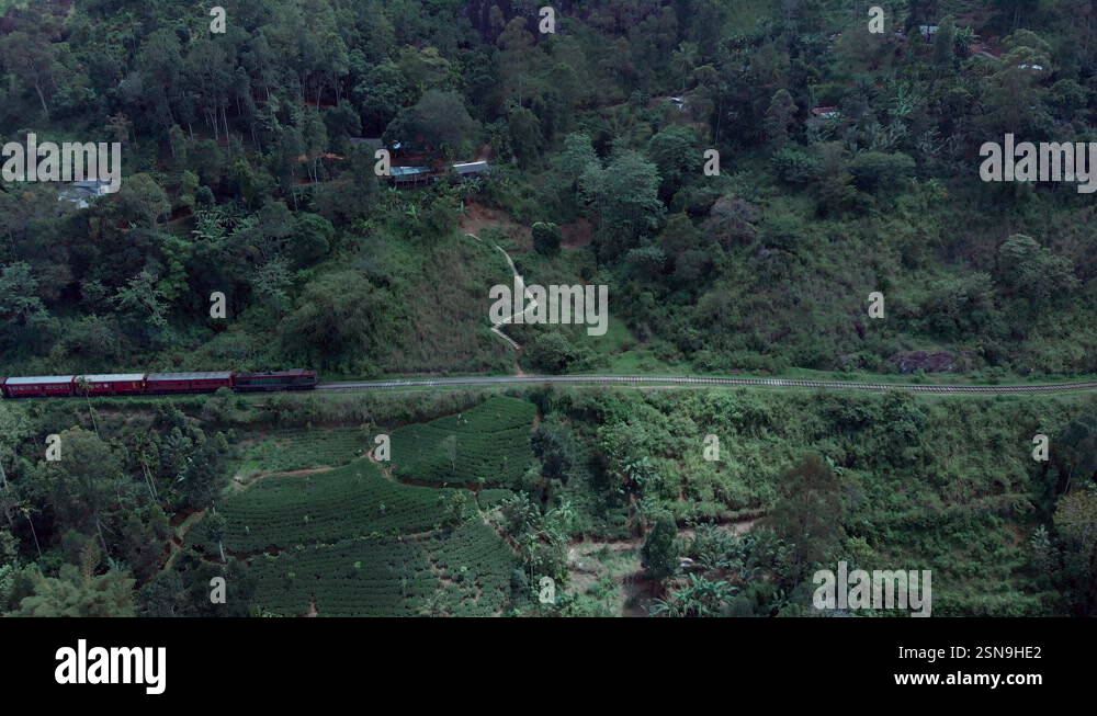 Red Train Approaching Nine Arch Bridge in Sri Lanka, Drone, Sunrise, 4K ...
