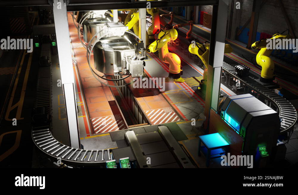 Conveyor system with robotic arms for machine assembly in a modern ...