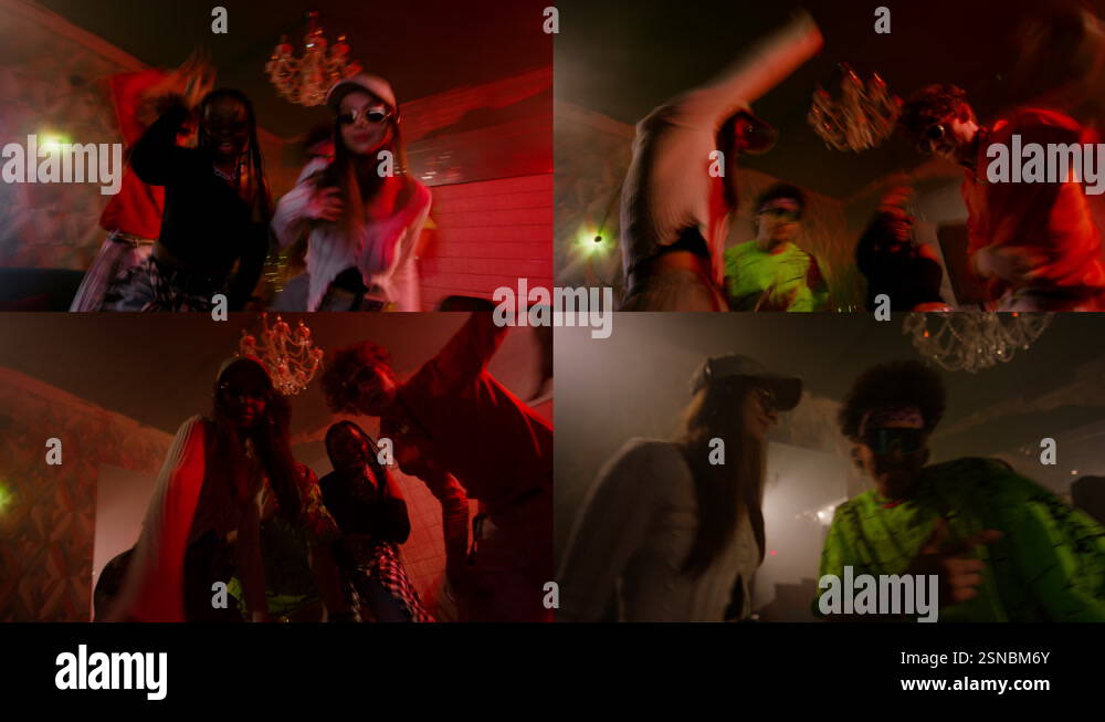 Split Screen of Diverse Gen Z Friends Energetically Dancing at Party ...