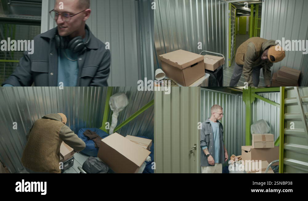 Split Screen of People Organizing Belongings Inside Storage Unit Stock ...