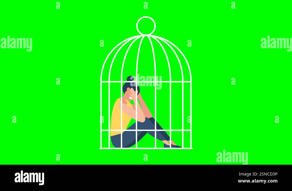 Metal birdcage. The woman is locked in a cage. Depressed woman in ...