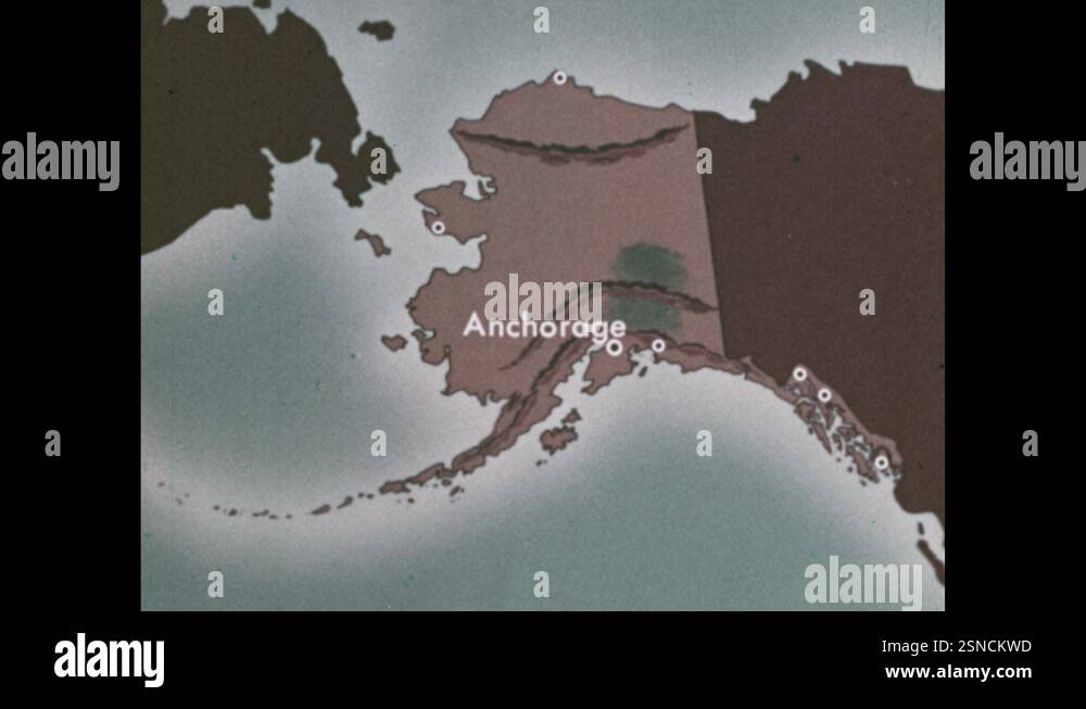 1970s: Map of Alaska, showing major cities and towns, highlighting ...