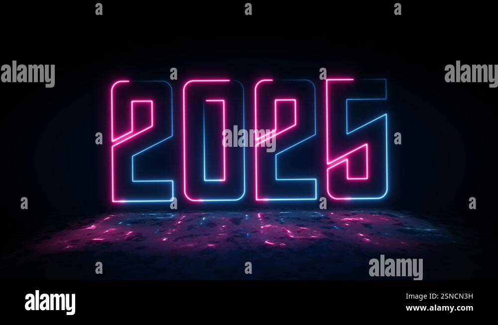 Blue neon illuminate digits 2025 years design with wet floor and neon ...