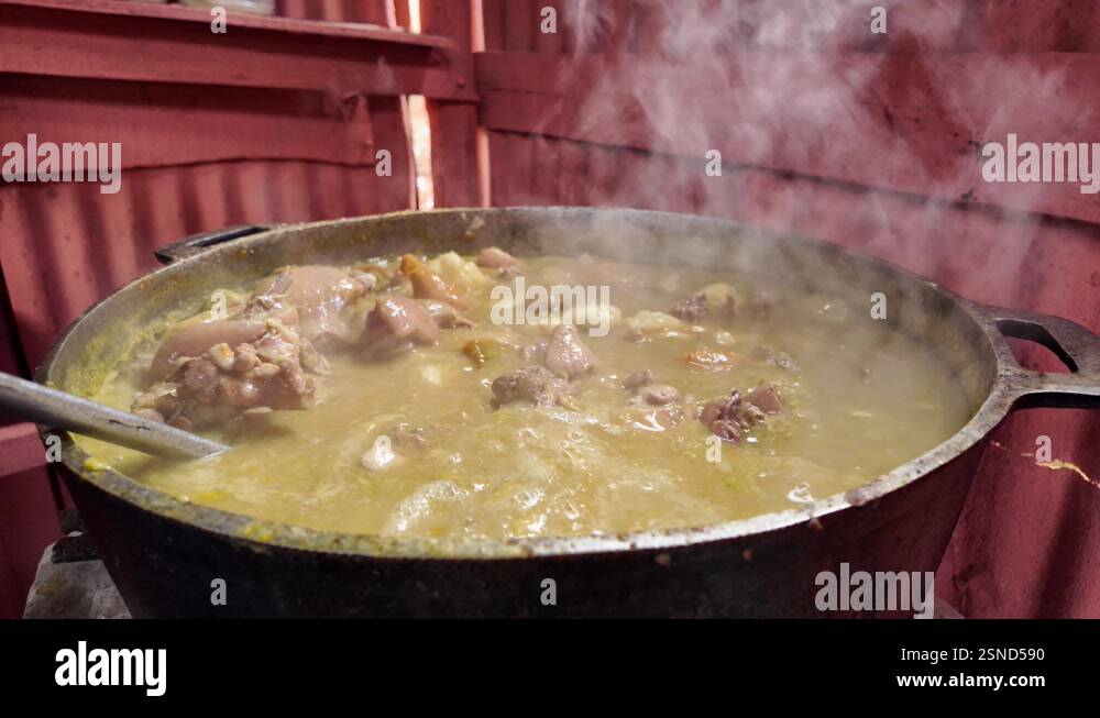 Ladle stirring traditional Dominican creole food called Sancocho, Close ...