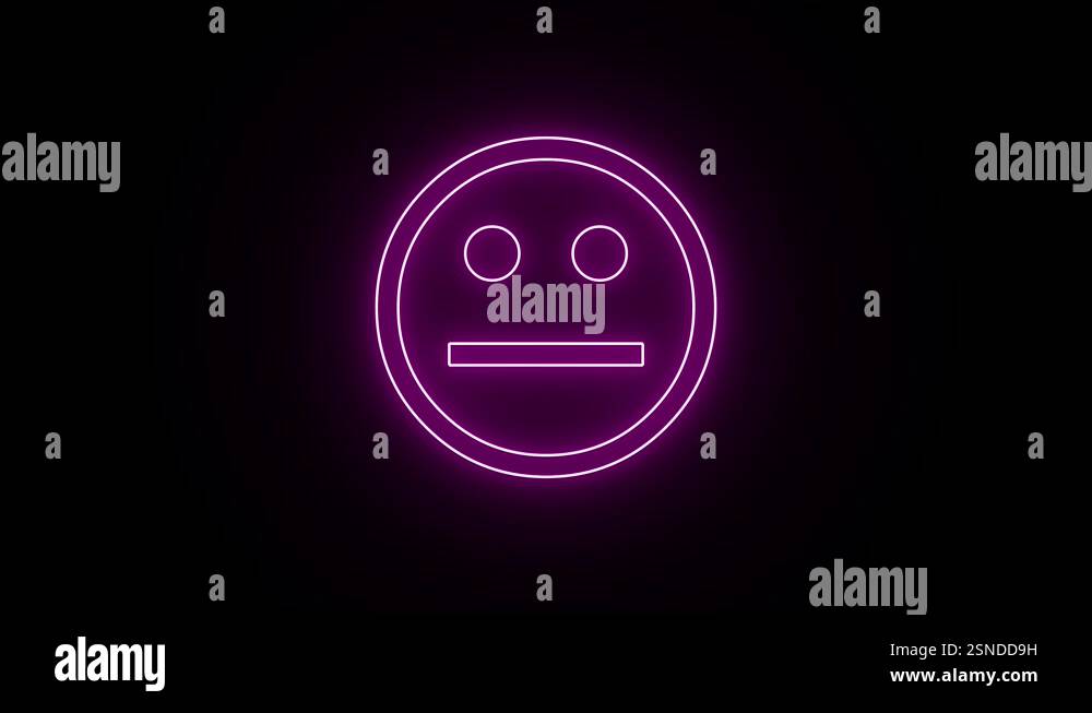 Glowing purple neon neutral face emoticon symbol blinking animation. No ...