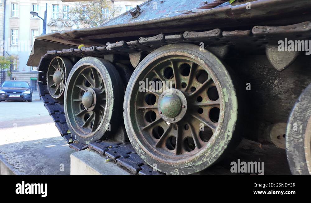 Wheels of soviet T-34 tank, world war II, artillery gun on armored ...