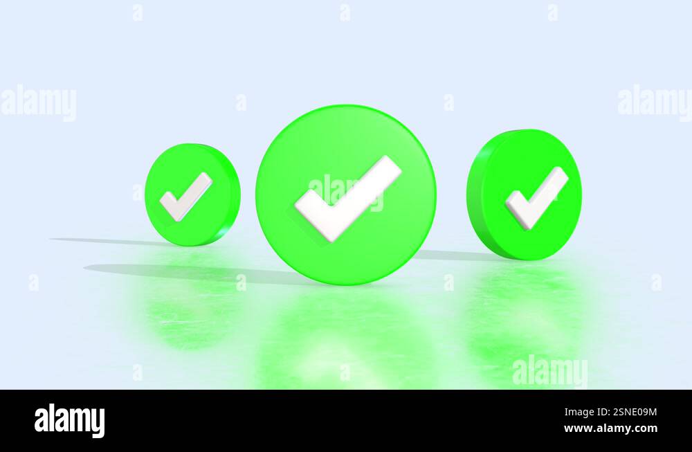3D Check Mark Icons on a Reflective Floor. Tick Mark 3D Animation ...
