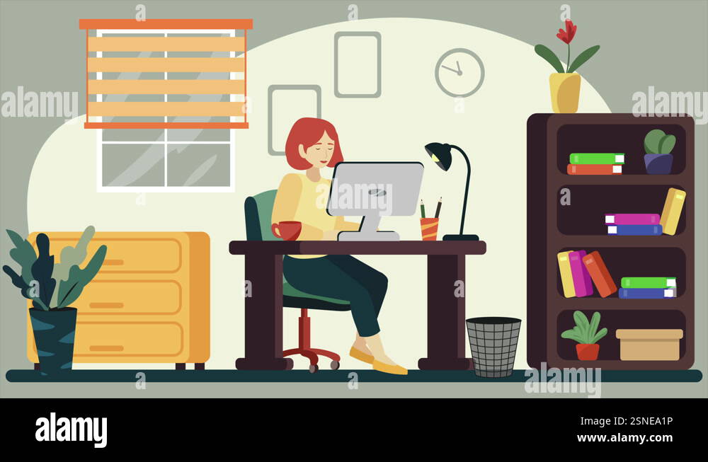2d Animated illustration of a woman working efficiently at her home ...