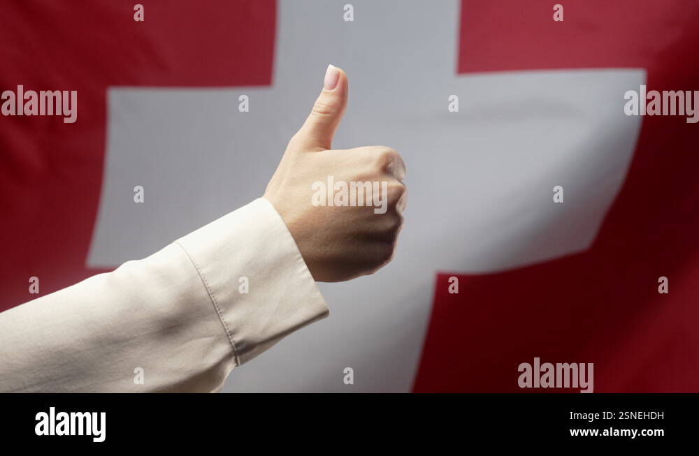 Woman Makes Hand Sign Like, Thumb Up Gesture on swiss flag background ...