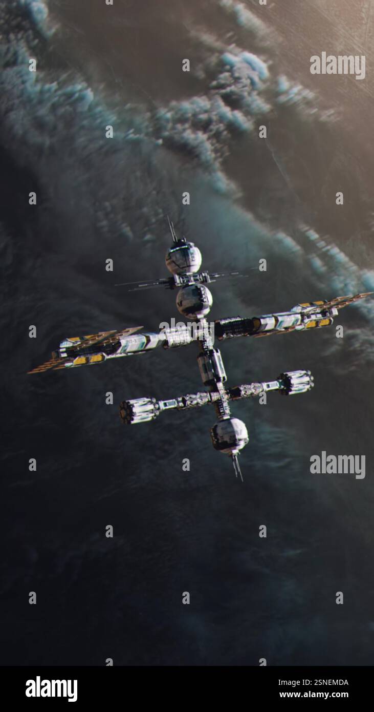 Vertical Futuristic Space Station Outpost Orbiting an Exoplanet Gas ...