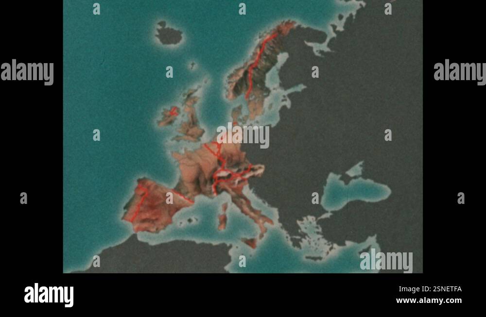1970s: map of Europe with borders in orange, windows of offices in ...
