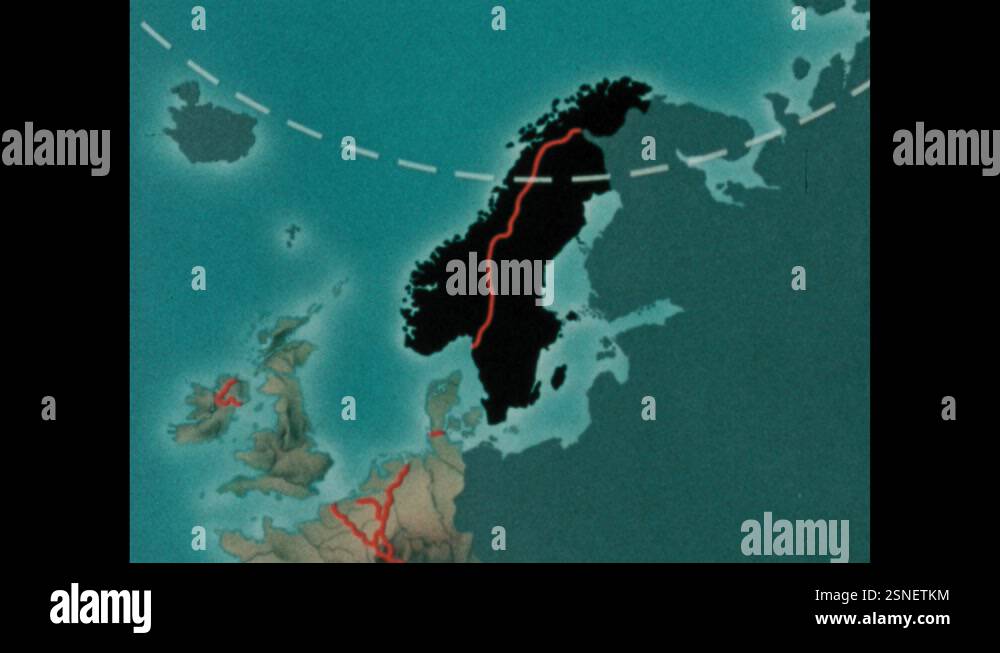 1970s: map of northern Europe, Norway and Sweden in black, dotted line ...