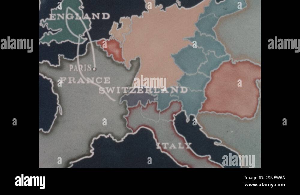 1950s: Map of Europe, line traces a route to England and around Europe ...