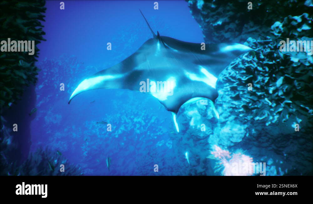 Manta ray gliding through vibrant coral reef waters in a tropical ...