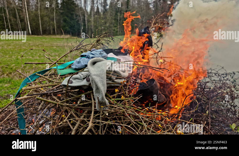 Making a bonfire with old clothes in the forest. Handheld dolly out ...