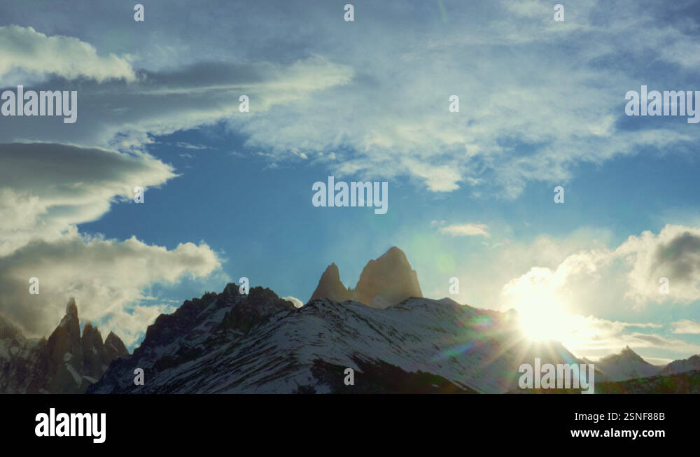 Static camera view of Mount Fitz Roy and Cerro Torre iconic mountain ...