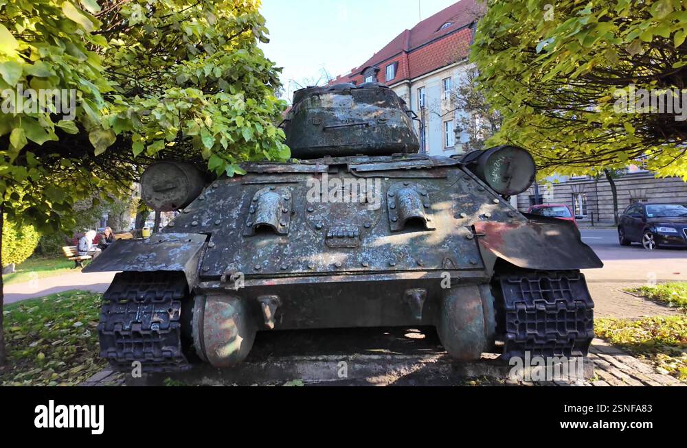Back of Soviet T-34 tank, world war II, artillery gun on armored turret ...
