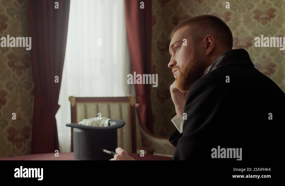 Aristocratic Man in 19th Century Attire Contemplating in Classical ...