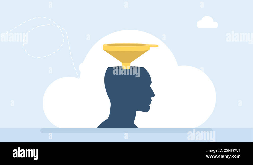 Refilling a brain. Silhouette of man's head with a funnel inside ...