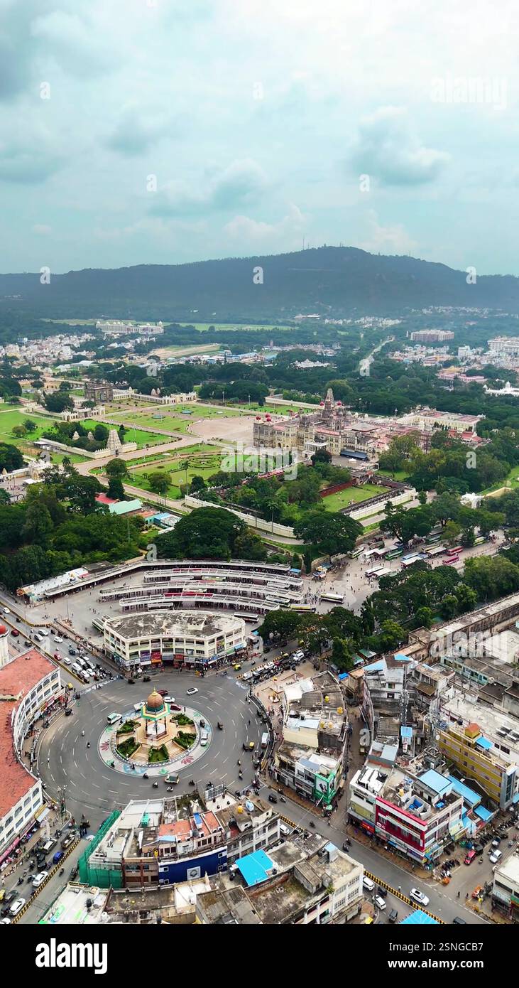 Vertical aerial view of Mysore downtown with the famous Mysore Palace ...