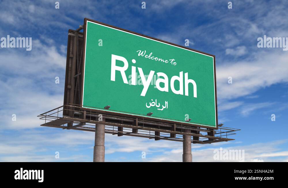 Welcome To Riyadh Road Sign. Airplane Landing Riyadh Saudi Arabia Stock ...
