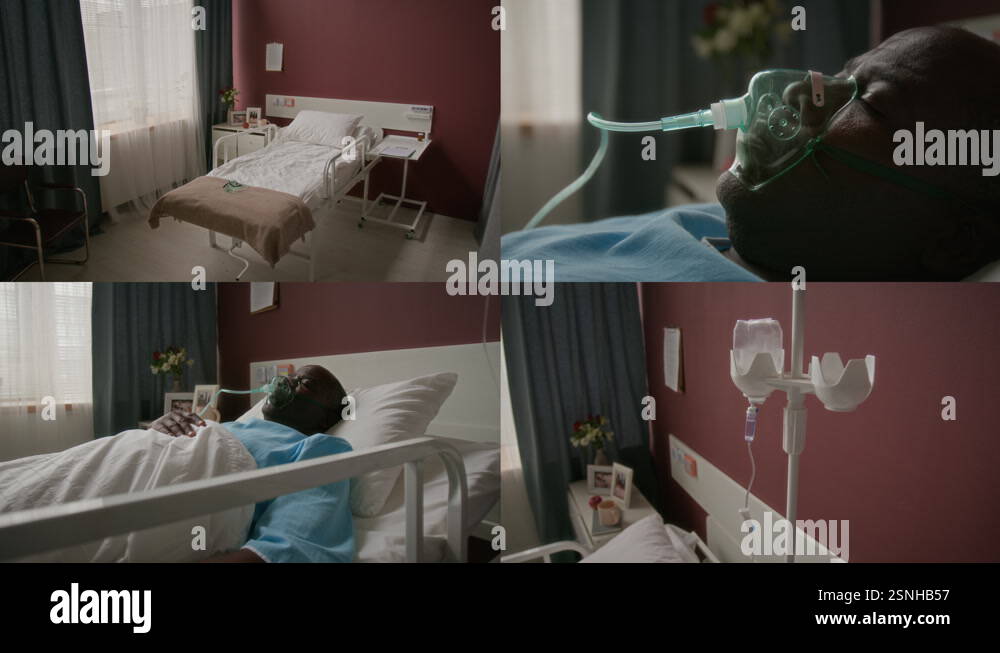 Split Screen of Black Male Patient Wearing Oxygen Mask, Lying in Bed in ...