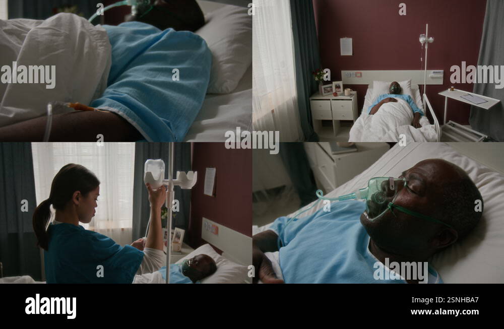 Split Screen of Man with Oxygen Mask Lying on Hospital Bed as Nurse ...