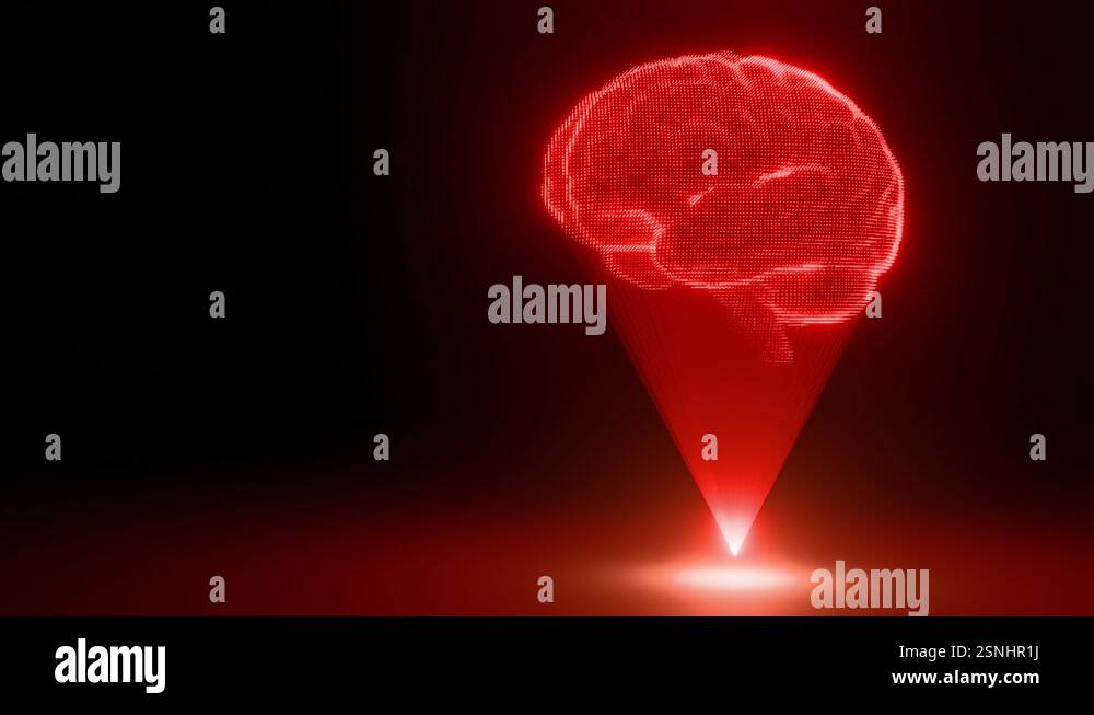 Holographic projection of a human brain in glowing red light on a dark ...