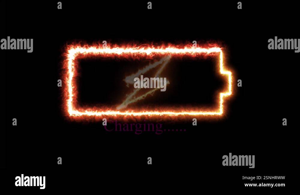 Glowing fire neon battery icon with lightning bolt on a black ...