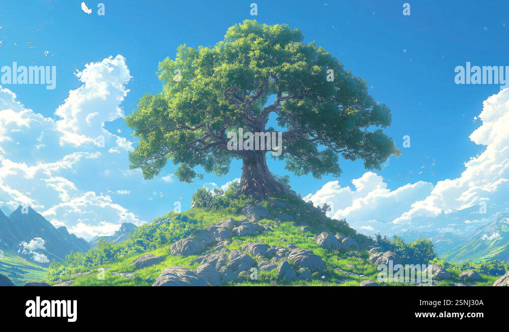 A tree in anime style stands on a rocky outcrop Stock Video Footage - Alamy
