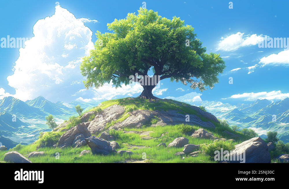 A tree in anime style stands on a rocky outcrop Stock Video Footage - Alamy